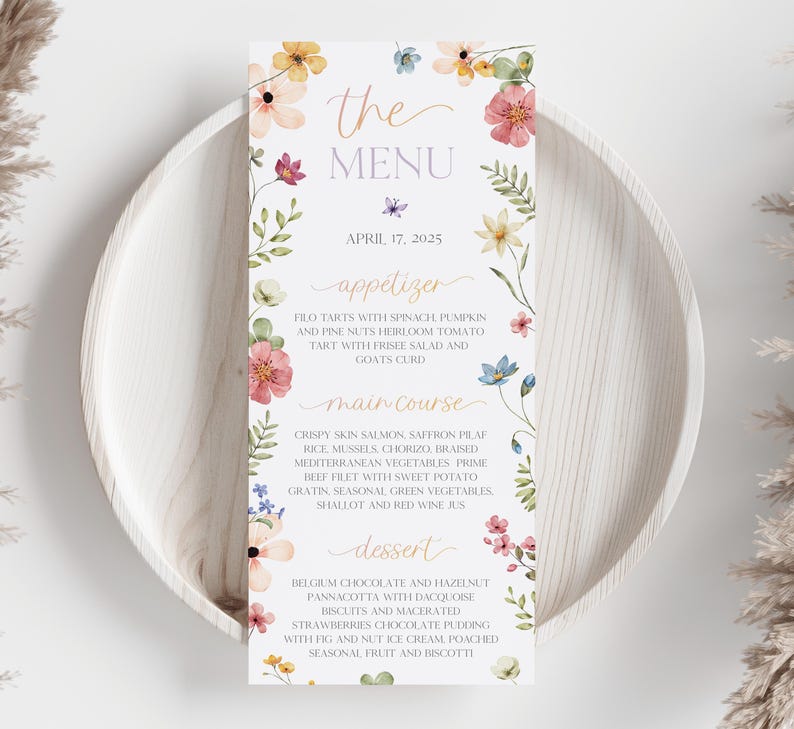 Wildflower Menu Card Wild Flower Menu Card Baby Shower Event Menu Card ...