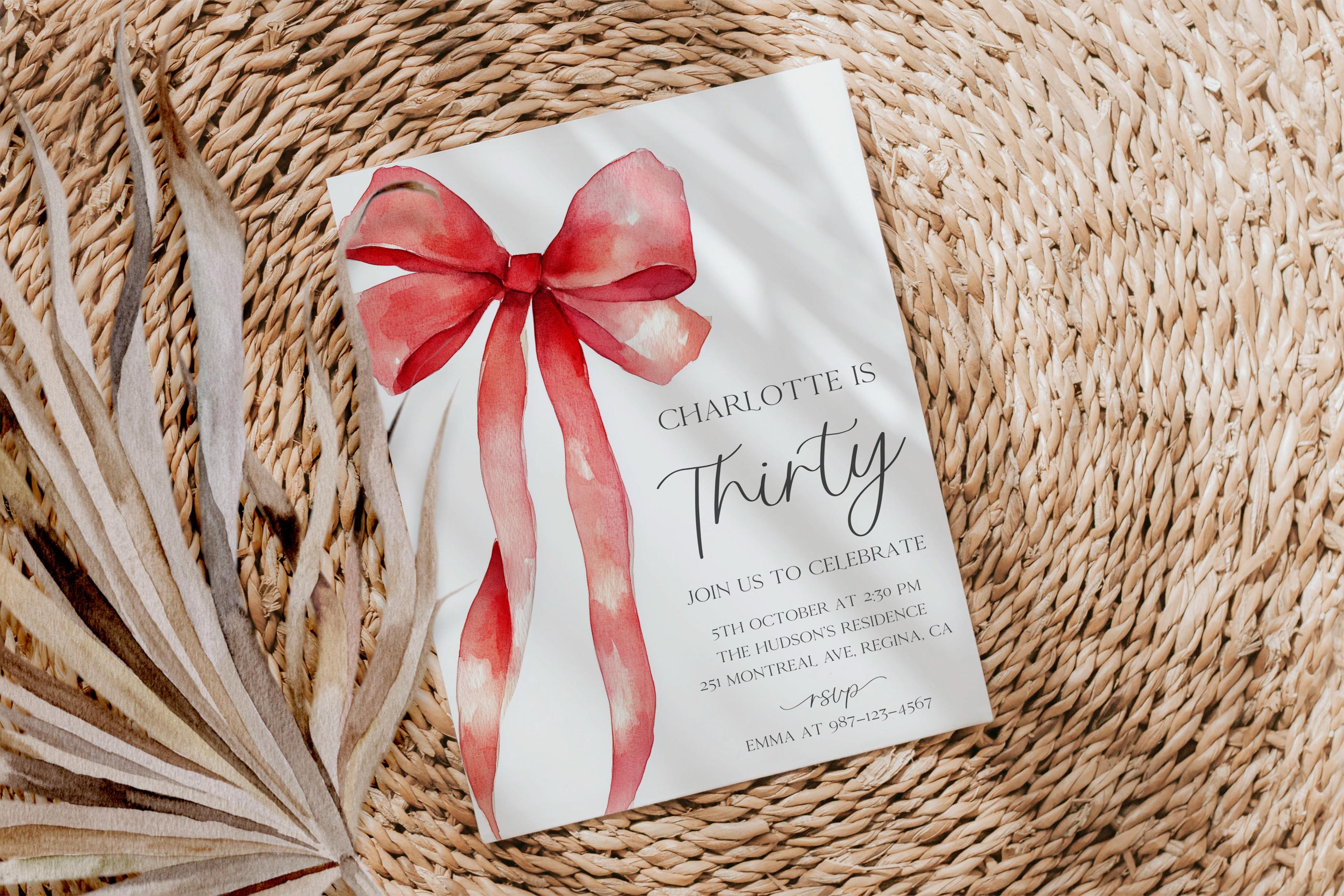 Coquette Red Bow Editable Invitation for Her Thirtieth Birthday Party ...