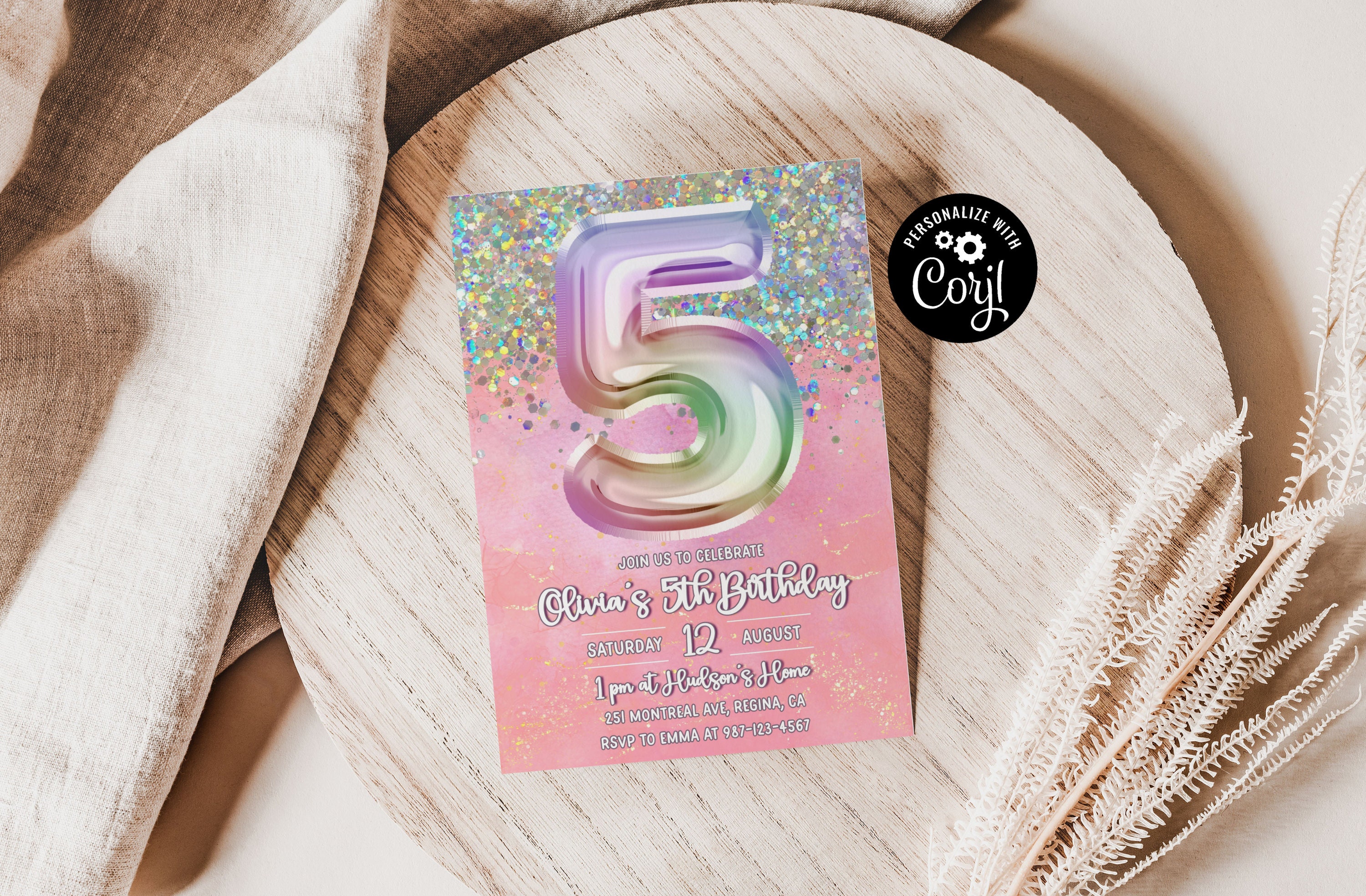 Editable Pink 5th Birthday Invitation Template Glitter Birthday Party ...