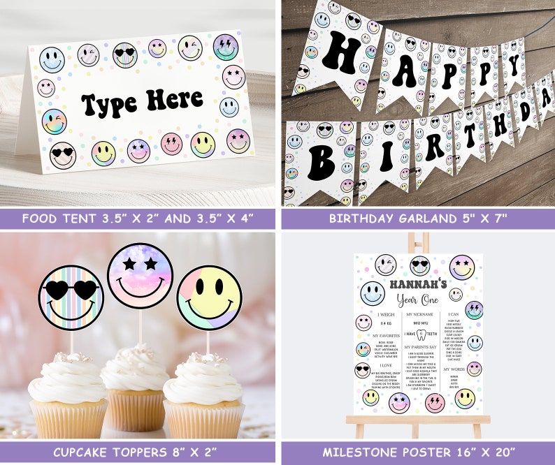 Editable Pastel Smiley Face Birthday Bundle Template Girl Rainbow Emoji ...