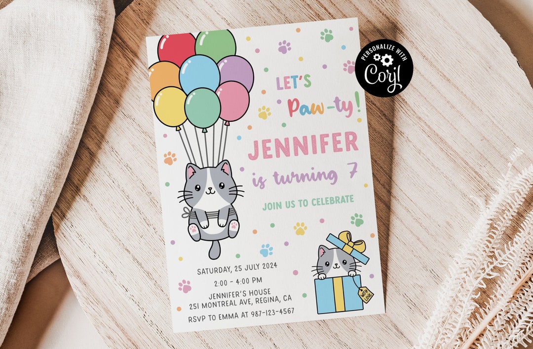 Editable Cat Birthday Invitation Printable Kitten Invite Digital ...