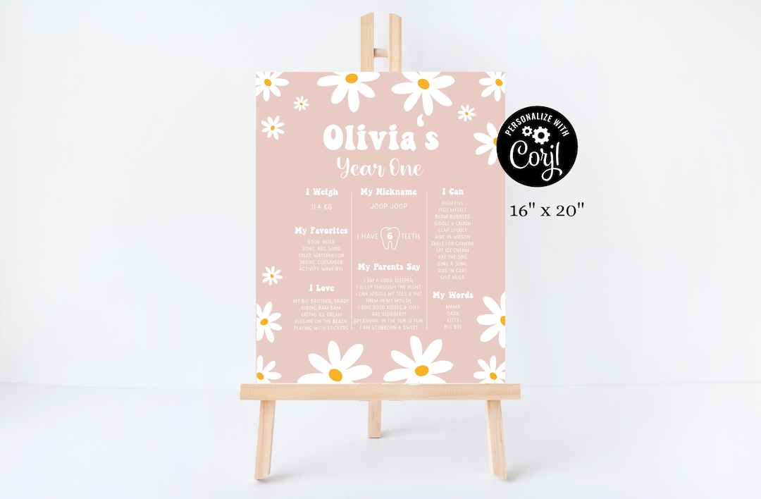 EDITABLE DAISY FIRST Birthday Milestones Retro Daisy 1st Birthday Decor ...