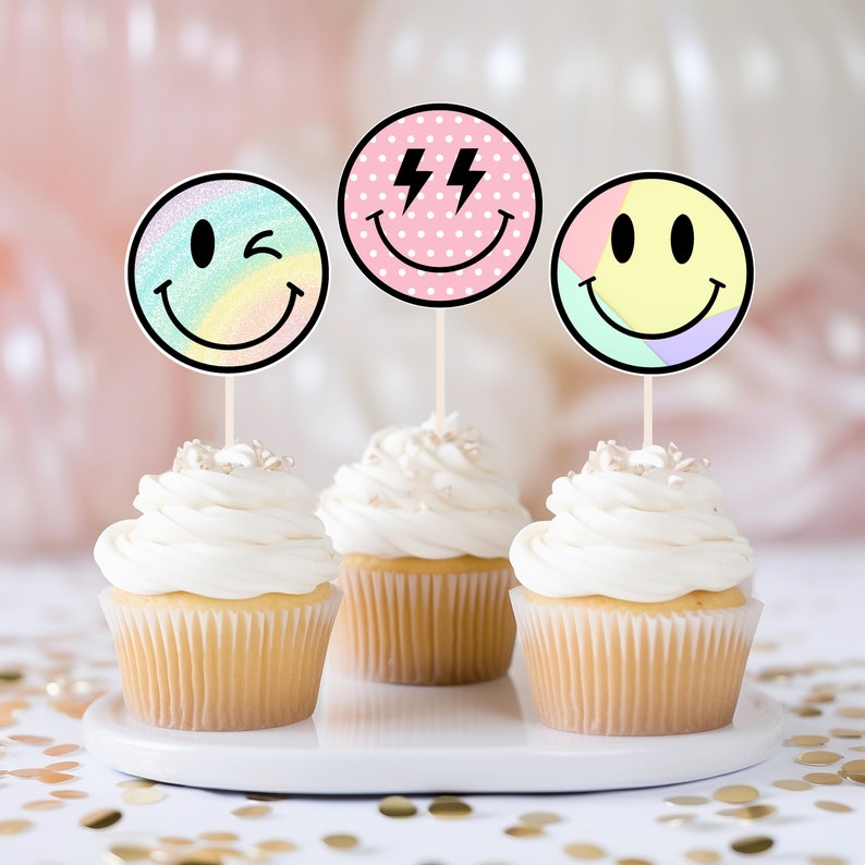 Editable Pastel Smiley Face Birthday Cupcake Topper Template Girl ...