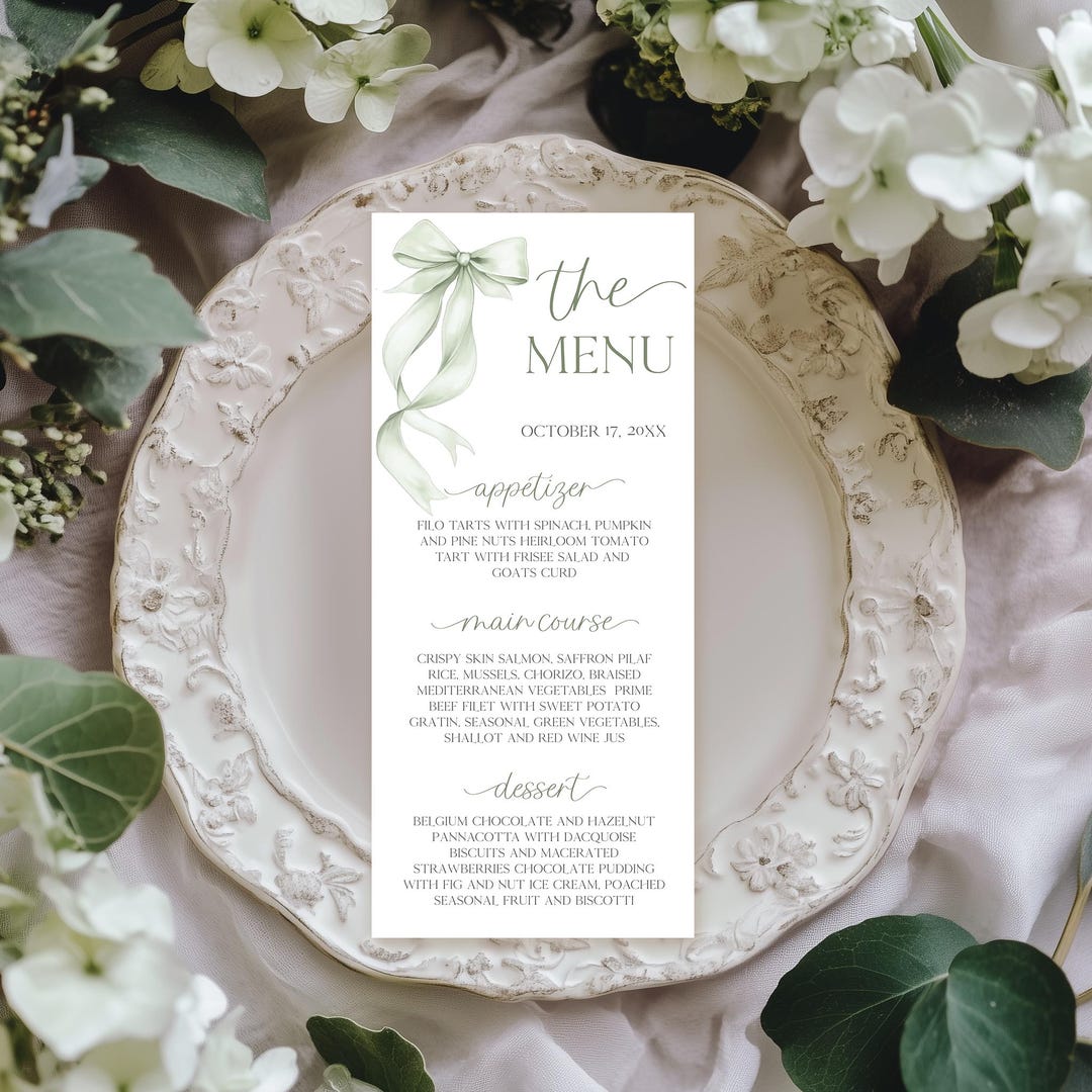 Sage Green Menu Cards Template Printable Green Bow Decor Editable Menu ...