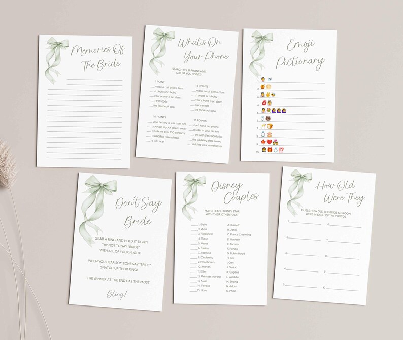 Green Bridal Shower Games Bundle Template Sage Green Games Tying the ...