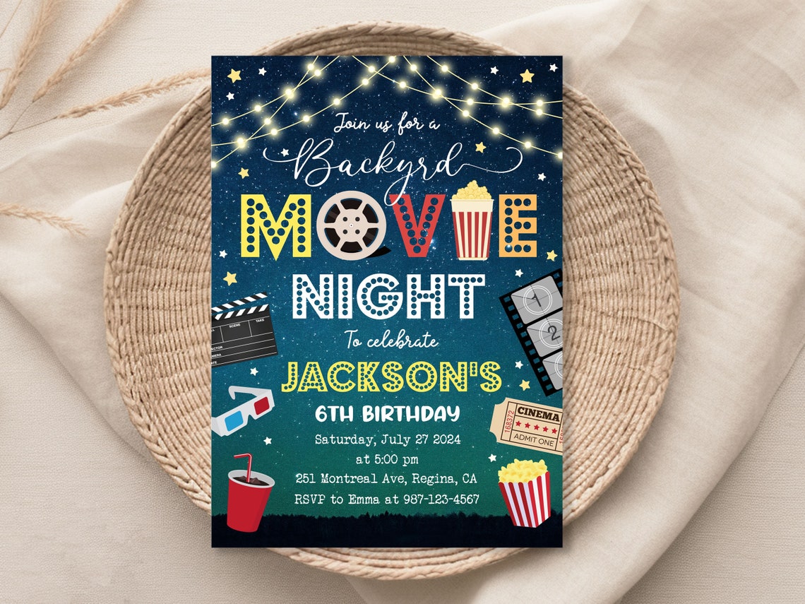 Editable Movie Birthday Invitation Printable Digital Kids Party Cinema ...