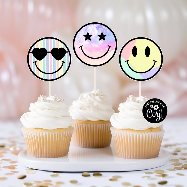 Editable Pastel Smiley Face Birthday Cupcake Topper Template Girl ...