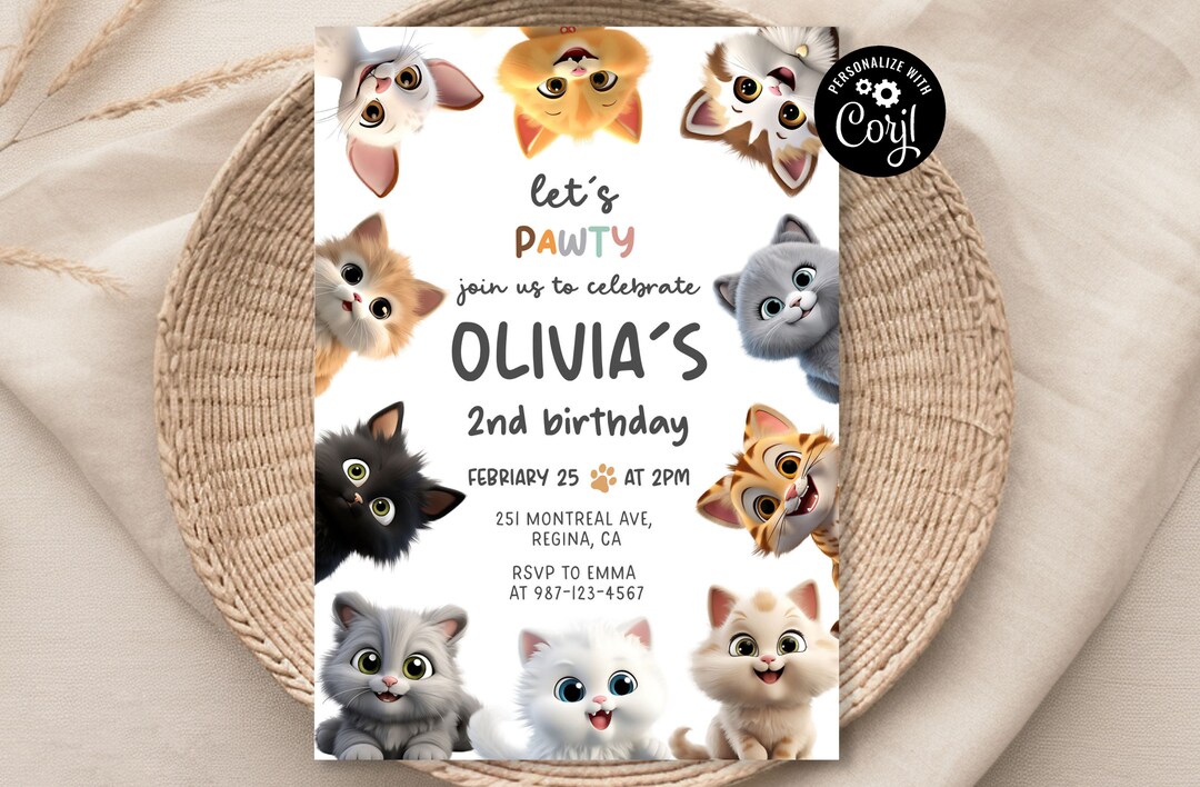 Editable Cat Birthday Invitation Printable Kitten Invite Digital ...