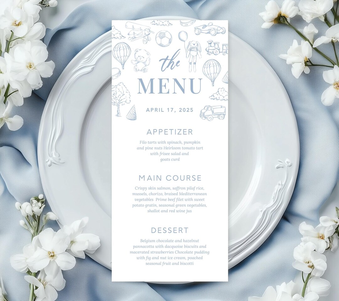 Blue Toile De Jouy Menu Template Blue Toile Baby Shower Menu Brunch ...