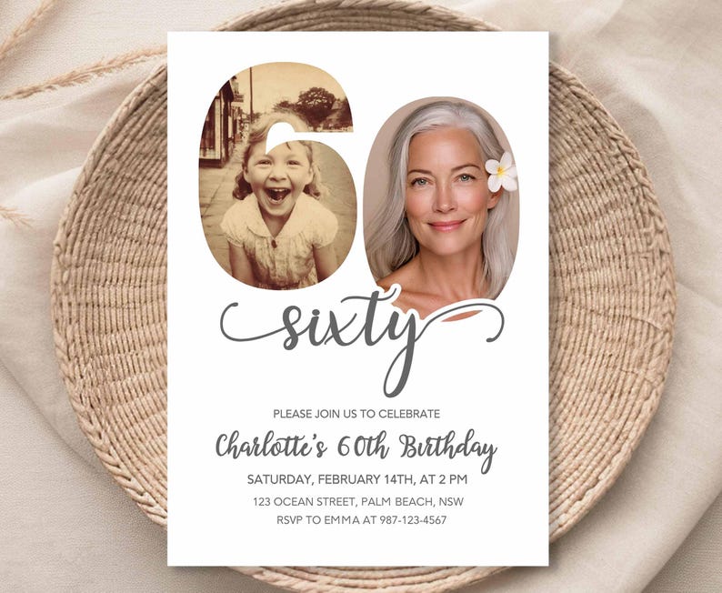 60th Birthday Invitation Template, Invite With Photo for Men or Women ...