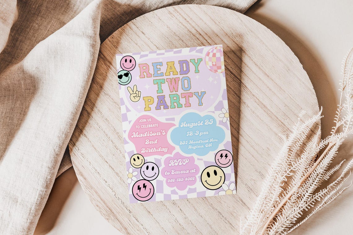 Ready Two Party Invitation Template Girl 2nd Birthday Invite Retro 2 ...