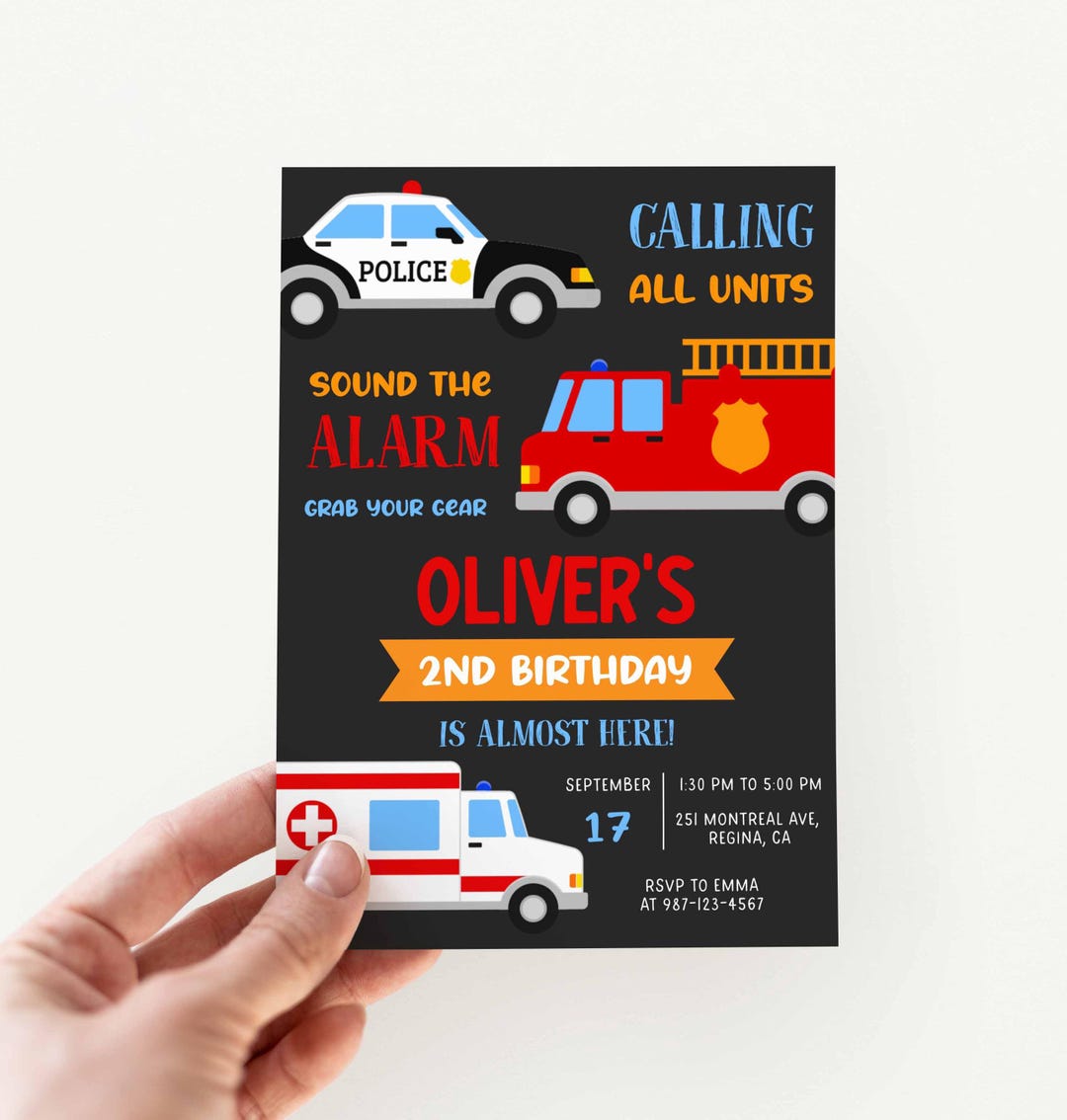 Editable Emergency Vehicles Birthday Invitation, First Responders Party ...
