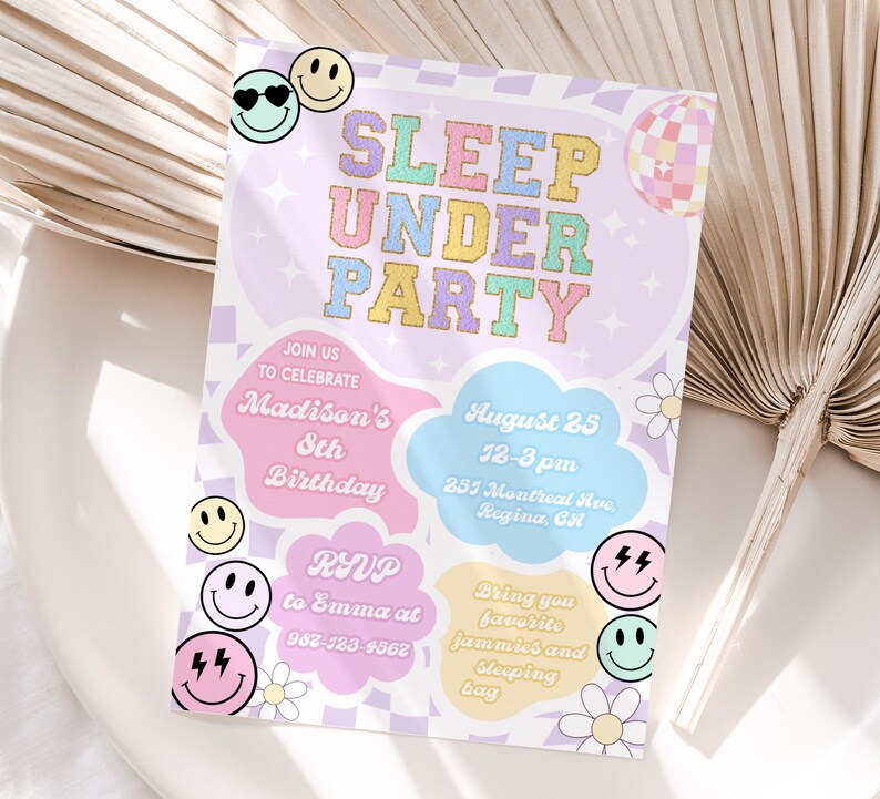 Editable Sleepunder Birthday Party Invitation Preppy Teen Varsity Patch ...