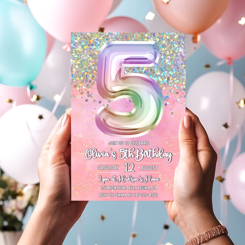 Editable Pink 5th Birthday Invitation Template Glitter Birthday Party ...
