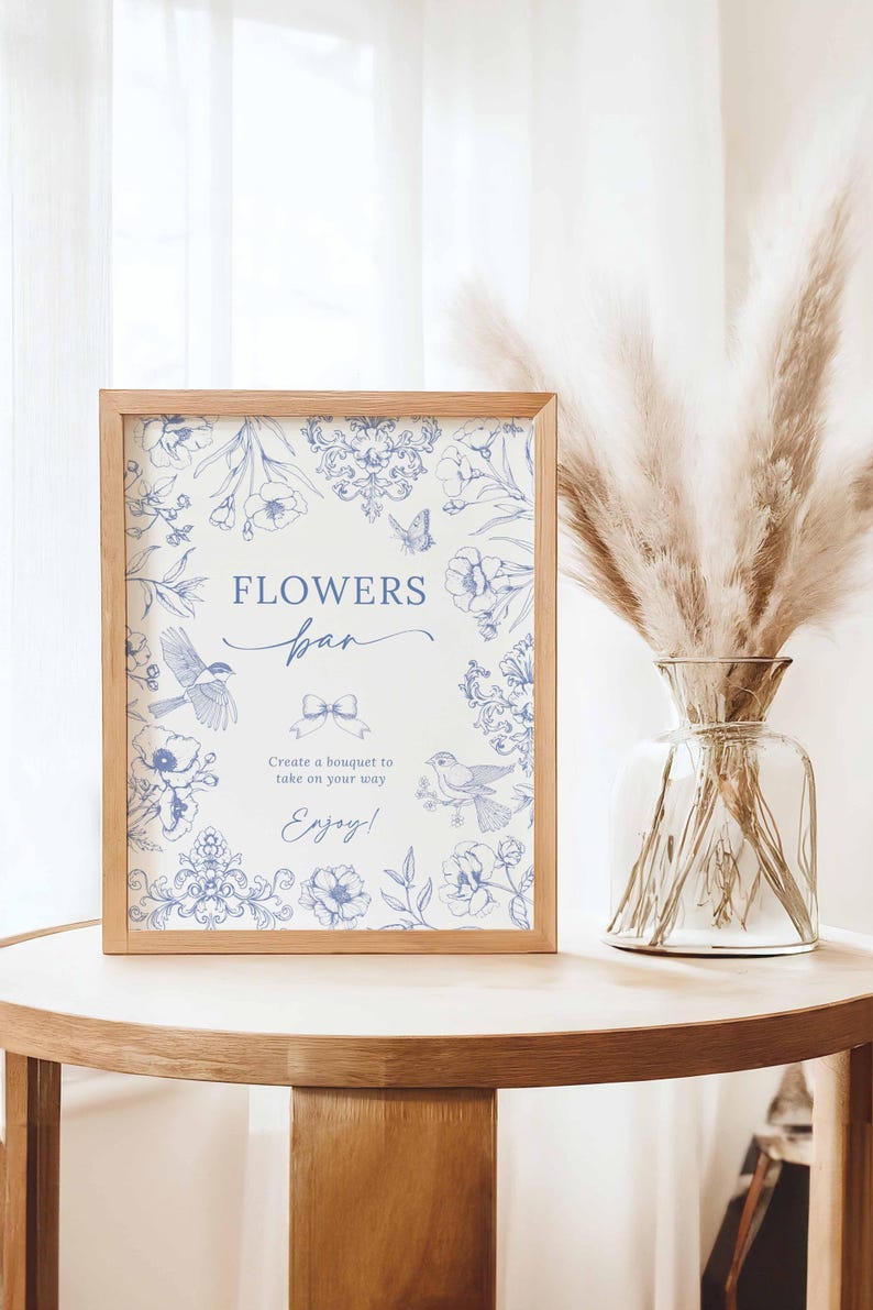Flower Bar Sign Template Blue Bridal Shower Flower Station Sign Toile ...