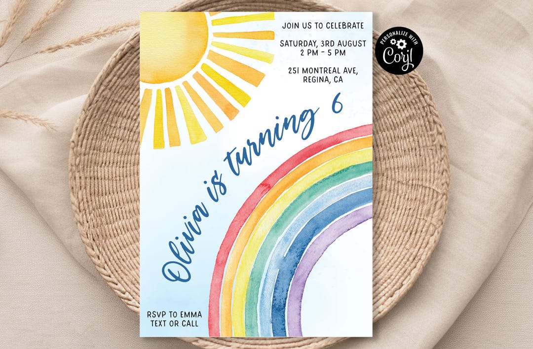 Editable Watercolor Rainbow Birthday Party Invitation Template Colorful ...