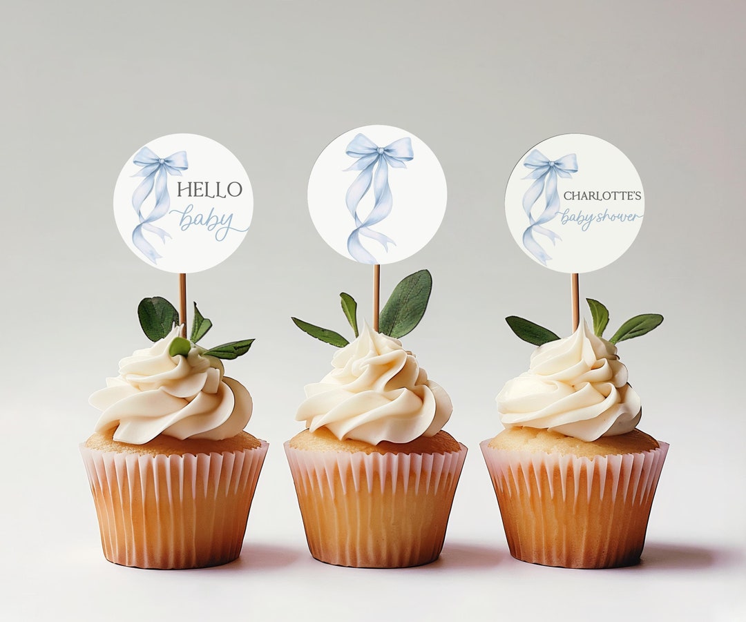 Blue Bow Cupcake Toppers Blue Bow Baby Shower Coquette Cupcake Toppers ...