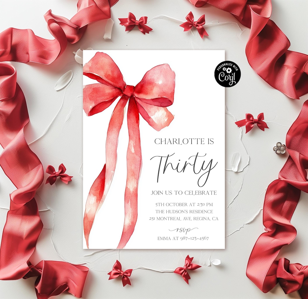 Coquette Red Bow Editable Invitation for Her Thirtieth Birthday Party ...
