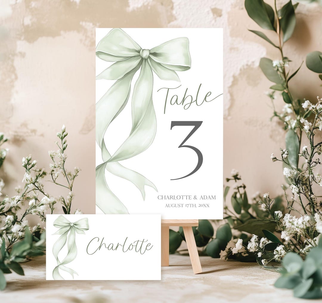 Table Number and Place Card Set Reception Set Green Bow Bridal She Tied ...