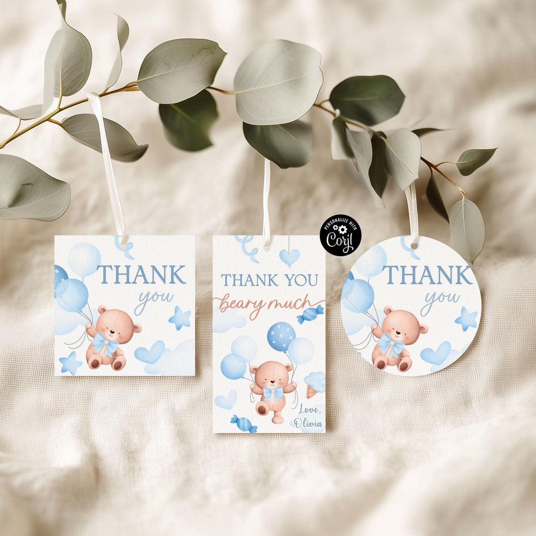 Bear Favor Tag Card Printable Baby Shower Thank You Tag Blue Teddy Bear ...
