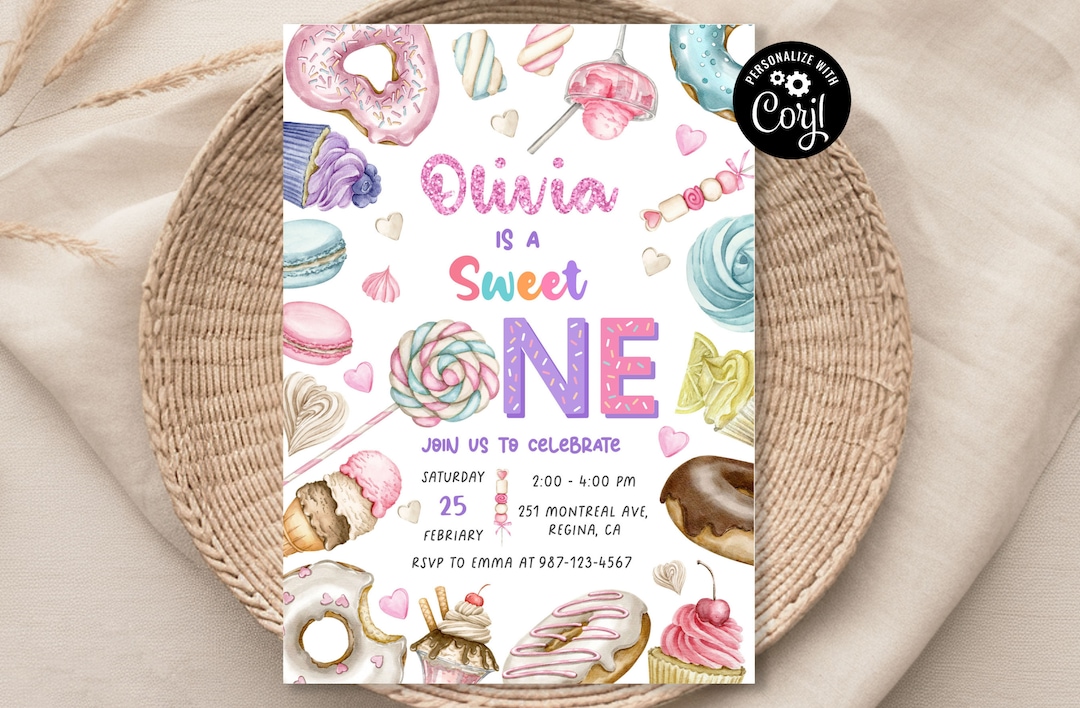 Editable Sweet One Birthday Invitation Pastel Sweets Invite Donut Candy ...