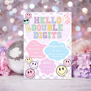 Hello Double Digits Birthday Invitation Template Groovy 10th Birthday ...