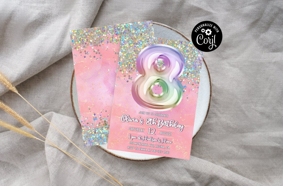 Editable Pink 8th Birthday Invitation Template Gold Glitter Birthday ...