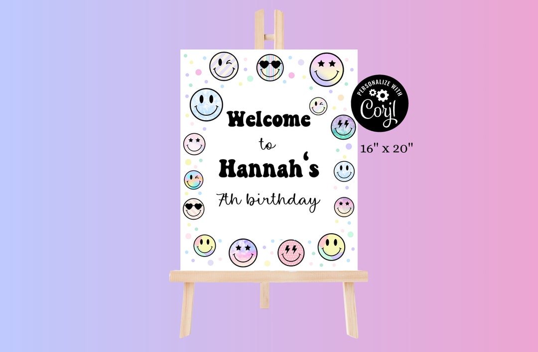 Editable Pastel Smiley Face Birthday Welcome Sign Template Girl's ...