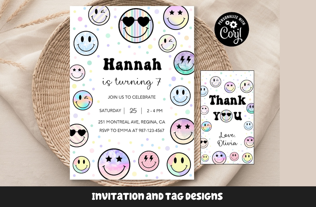 Editable Pastel Smiley Face Birthday Invitation Template Girl's Rainbow ...