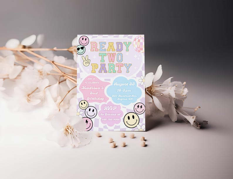 Ready Two Party Invitation Template Girl 2nd Birthday Invite Retro 2 ...