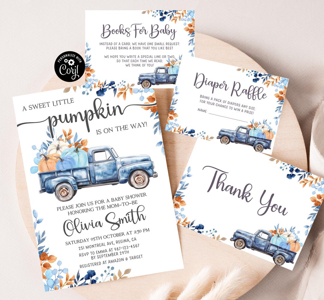 Blue Pumpkin Baby Shower Set Little Pumpkin Boy Pumpkin Invite Fall ...