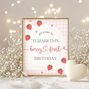 Editable Pink Gingham Berry First Birthday Welcome Sign Template Berry ...