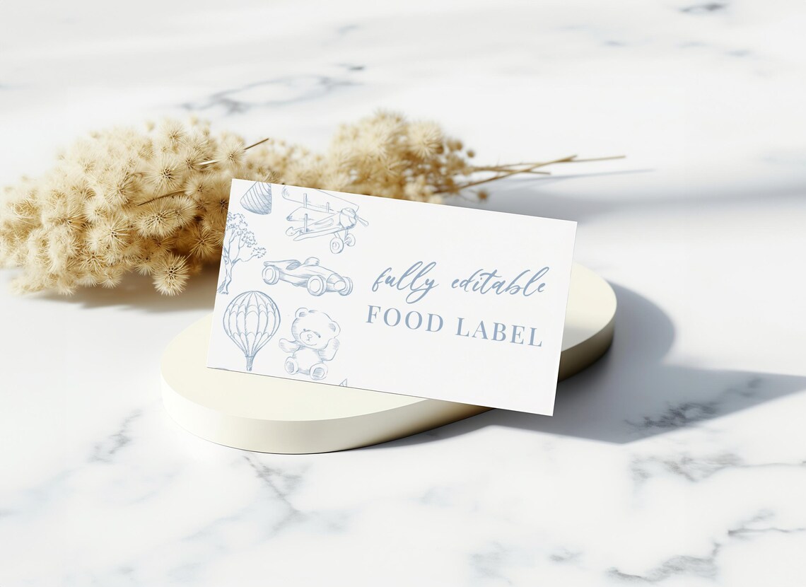 Dusty Blue Toile De Jouy Food Label Template Food Tent Blue Toile Baby ...