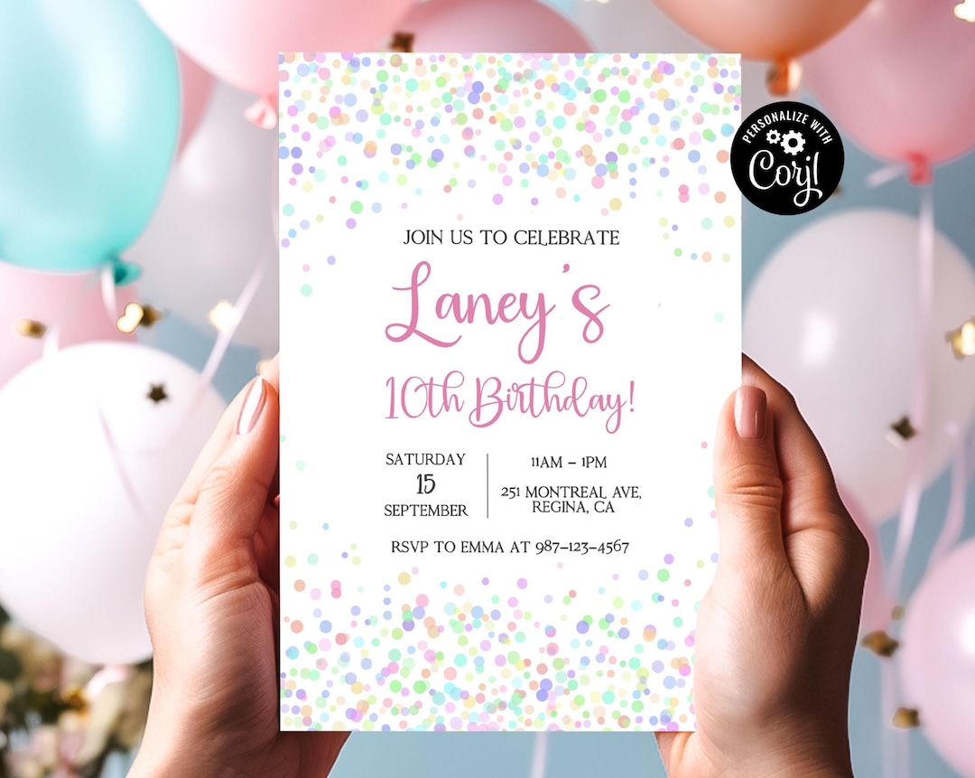 Editable Confetti Party Invitation Colourful Confetti Invite Birthday ...