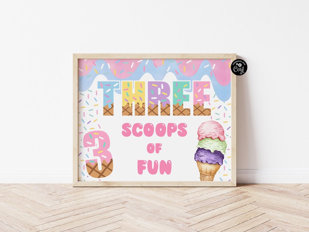 Editable Ice Cream Birthday Sign Three Scoops of Fun 3rd Birthday Party ...