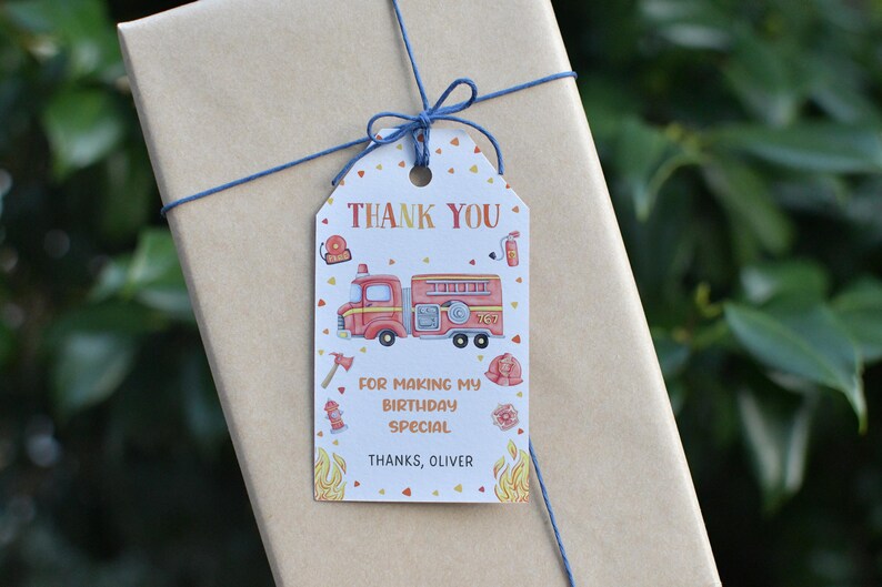 Fire Truck Birthday Thank You Tag Firetruck Gift Tag Fire Engine Favour ...