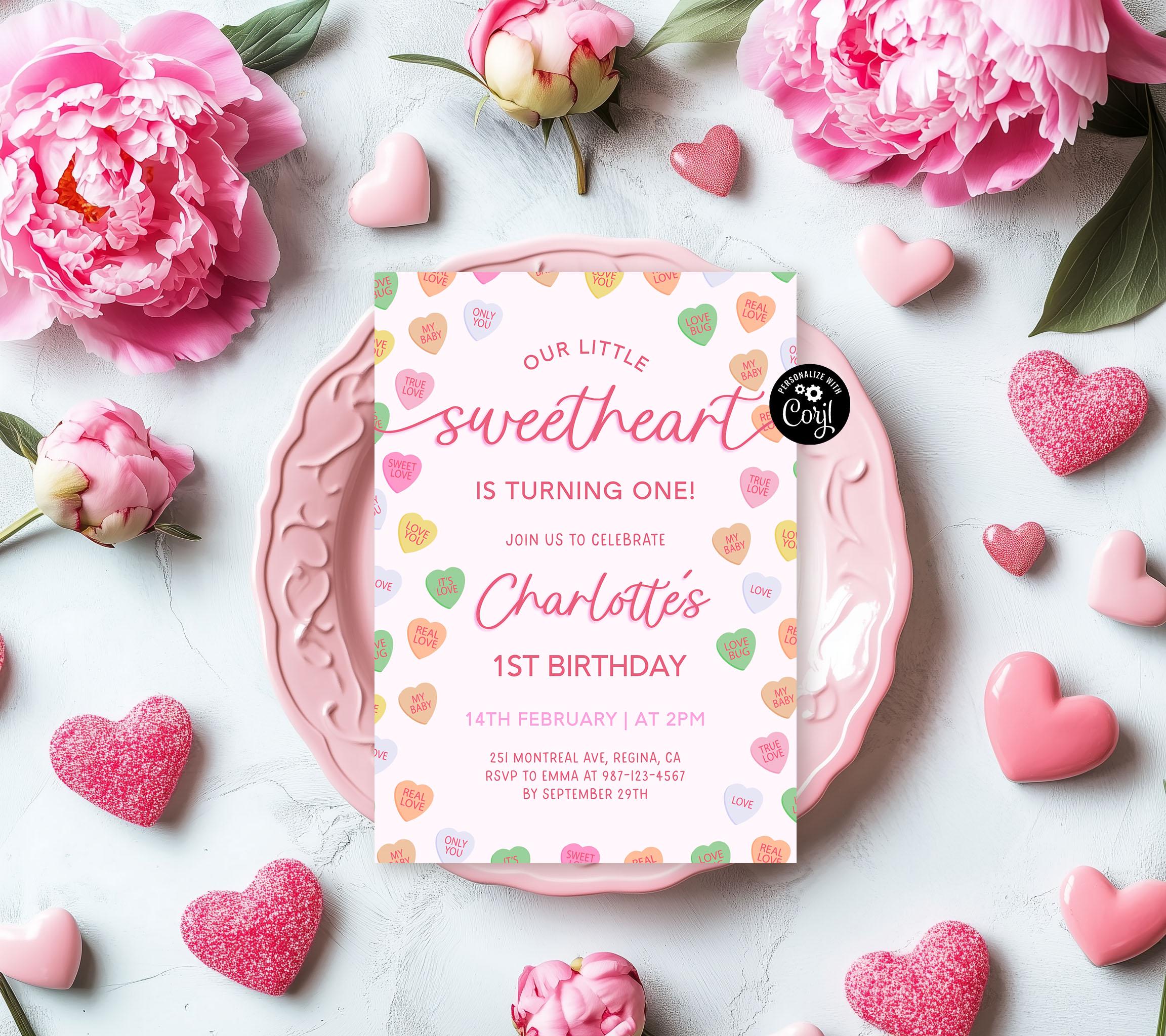 Editable Sweetheart Candy Hearts Birthday Invitation Conversation ...