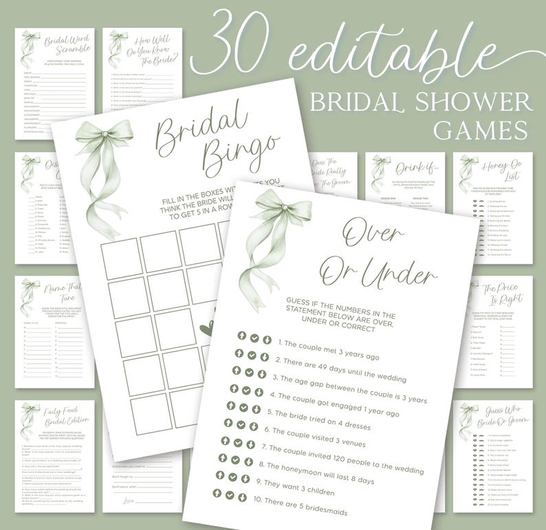 Green Bridal Shower Games Bundle Template Sage Green Games Tying the ...