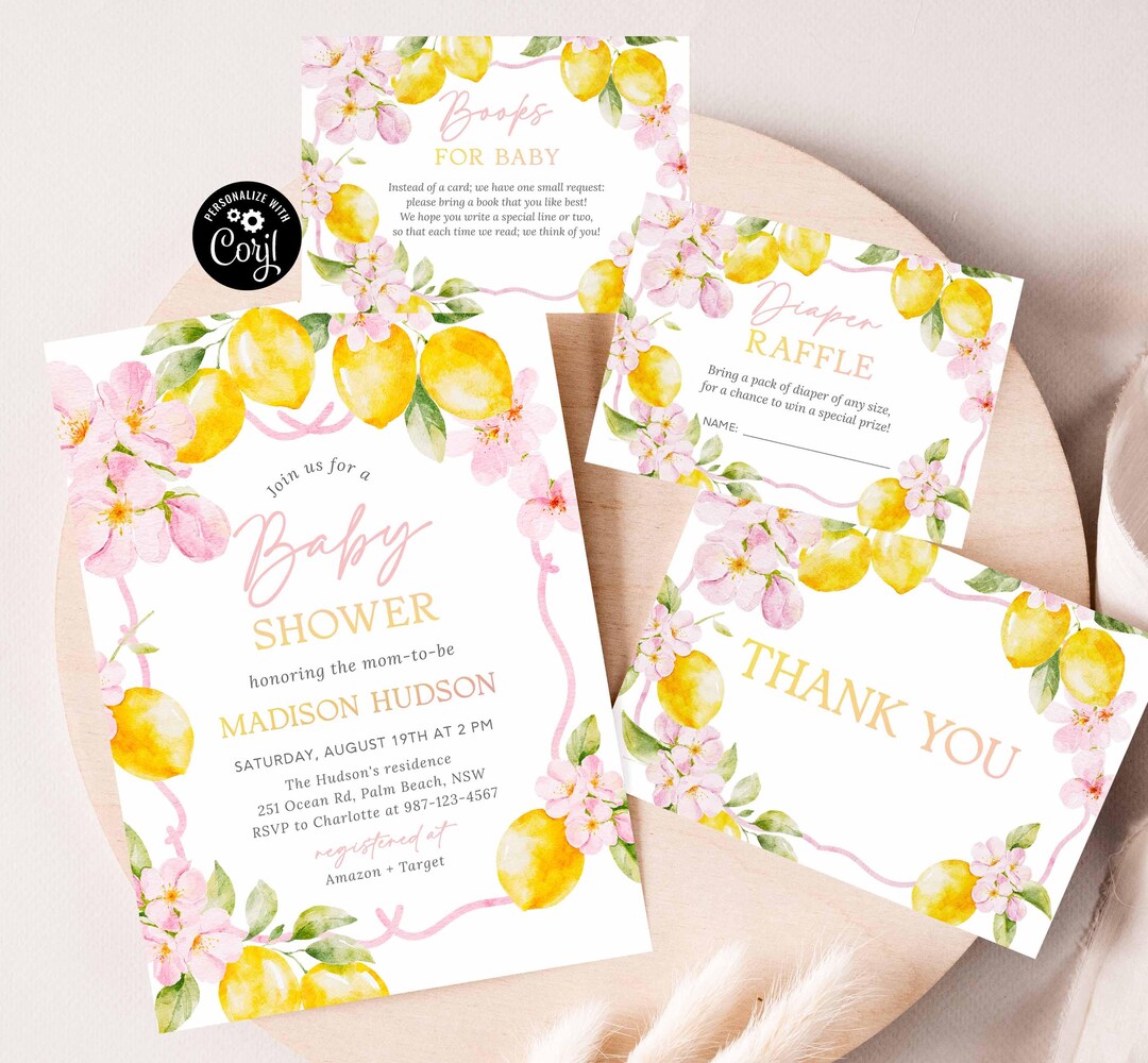 Girl Baby Shower Bundle Invitation Template Pink Baby Shower Sets Citrus Baby Shower Bundle Baby ...