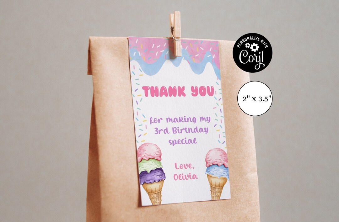 Editable Ice Cream Birthday Gift Tag Three Scoops of Fun 3rd Birthday ...