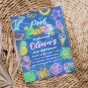 Editable Pool Party Invitation Glow Neon Invite Tropical Birthday Pool ...