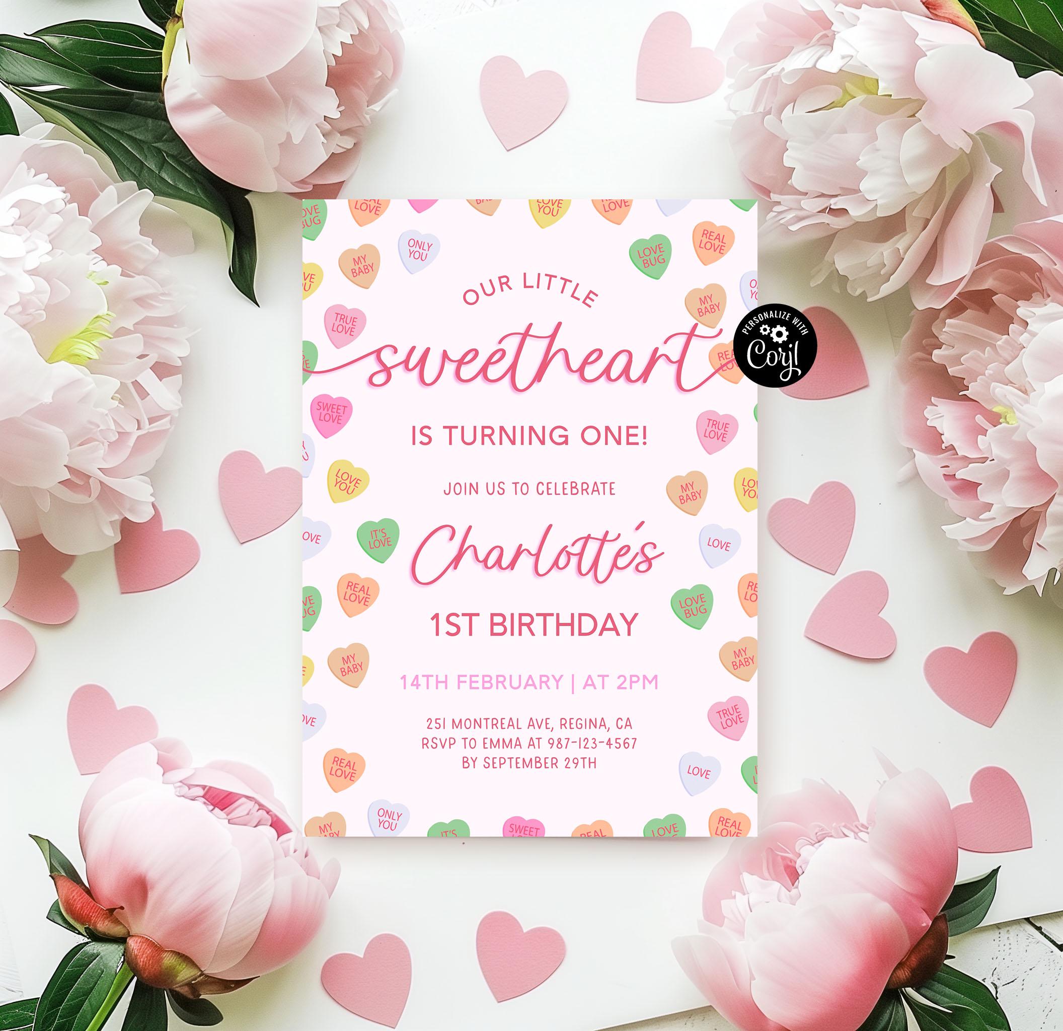 Editable Sweetheart Candy Hearts Birthday Invitation Conversation ...