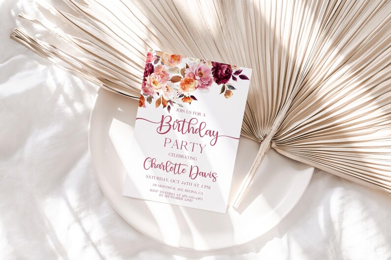 Fall Floral Birthday Party Invitation Boho Autumn Birthday Invite ...