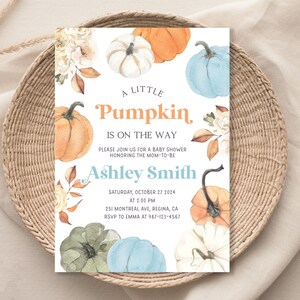 Blue Pumpkin Baby Shower Set Little Pumpkin Boy Pumpkin Invite Fall ...