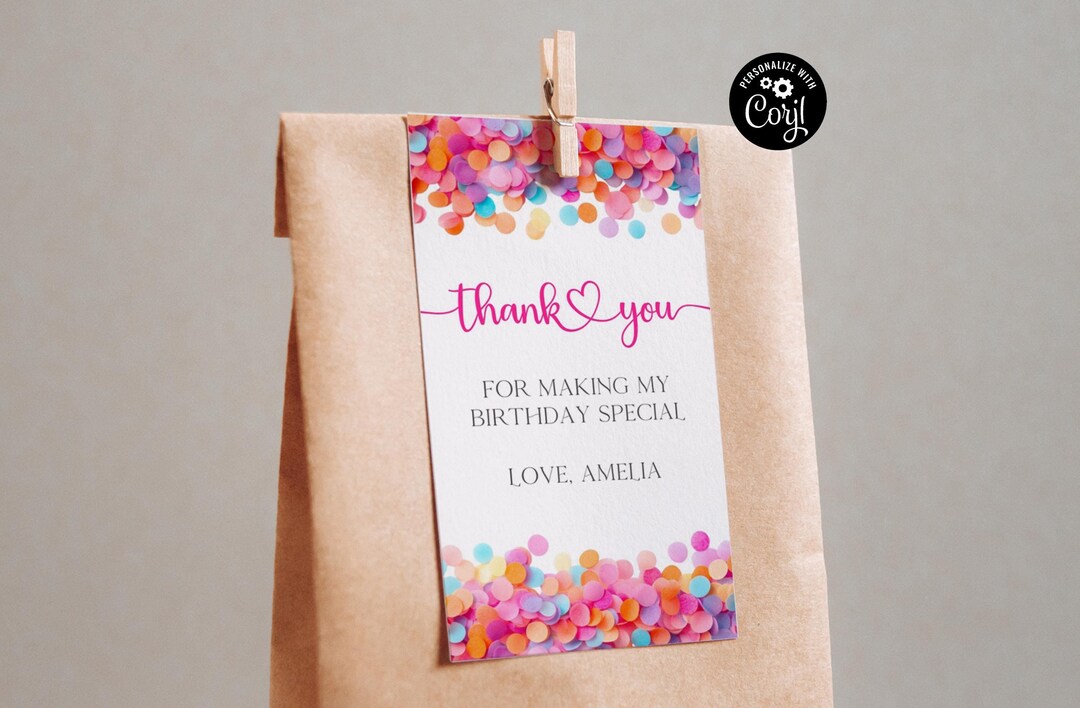 Editable Confetti Party Gift Tag Colourful Confetti Thank You Tag ...