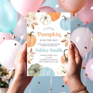 Blue Pumpkin Baby Shower Set Little Pumpkin Boy Pumpkin Invite Fall ...