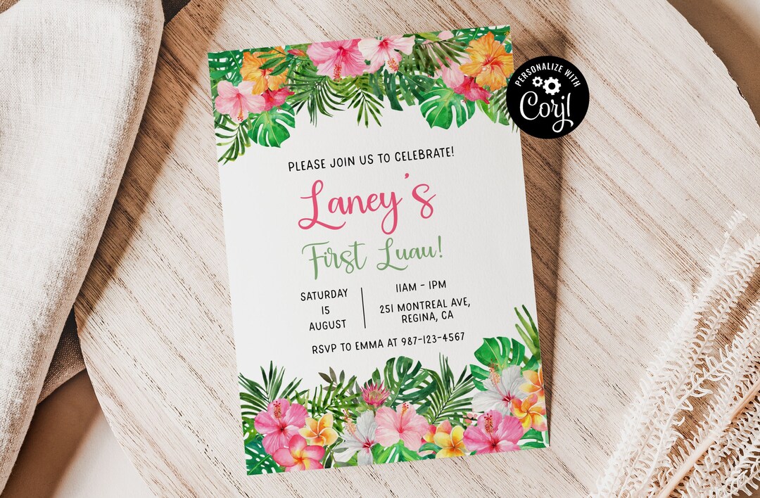 Editable Luau 1st Birthday Invitation Template Tropical Luau Birthday ...