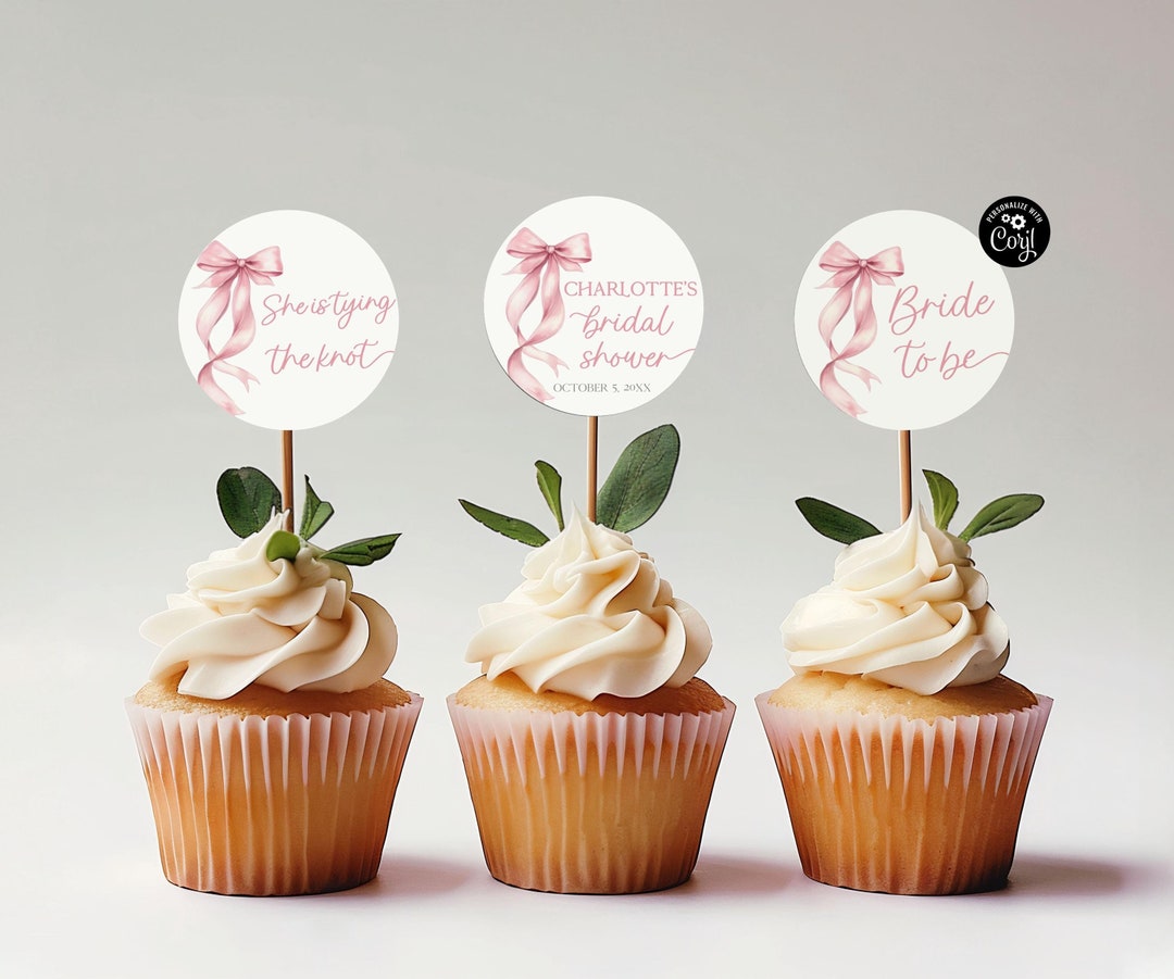 She's Tying the Knot Bridal Shower Cupcake Toppers Editable Pink Bow ...