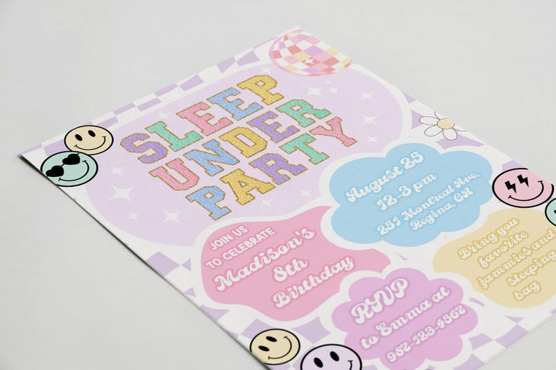Editable Sleepunder Birthday Party Invitation Preppy Teen Varsity Patch ...