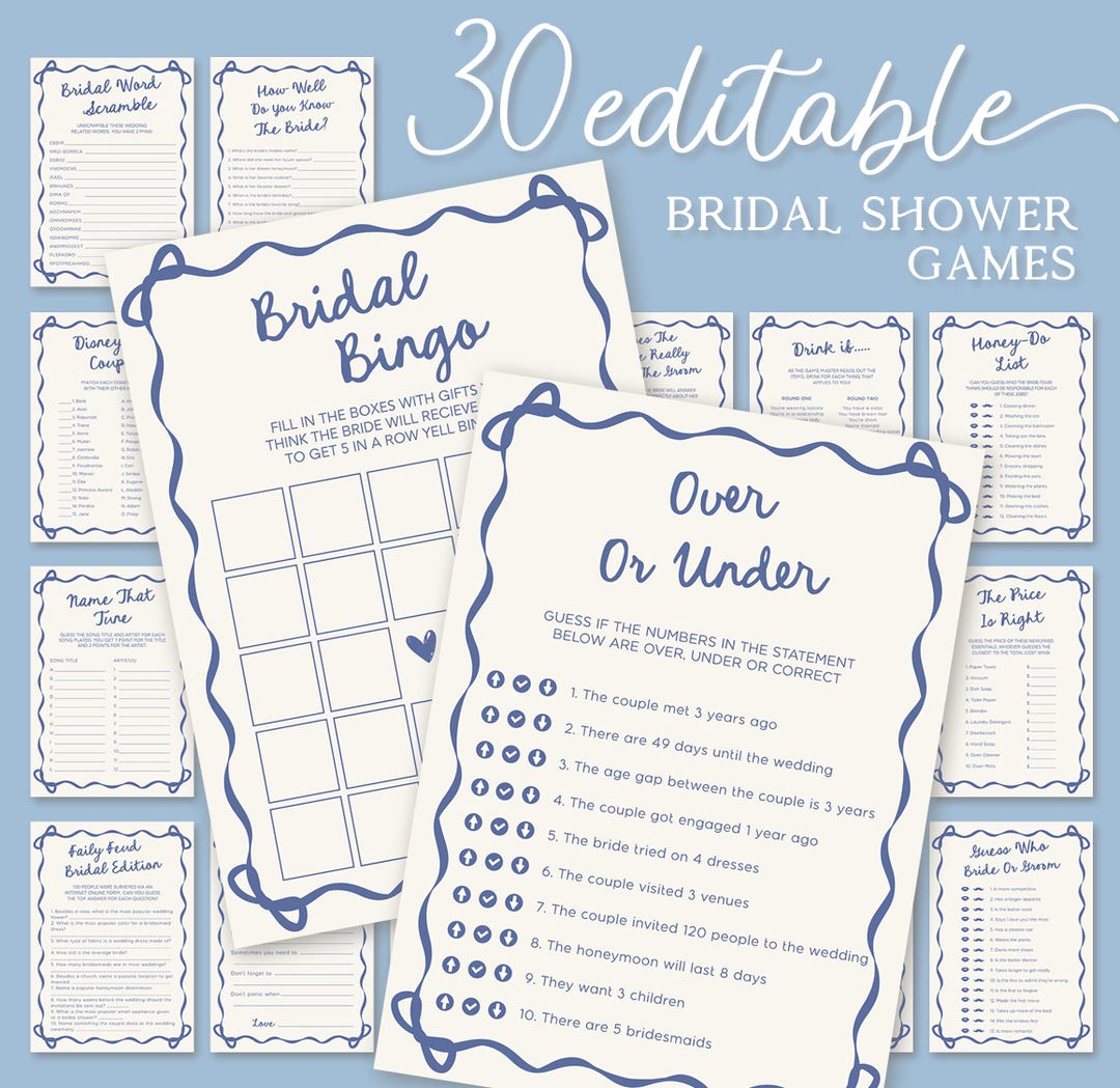 Dusty Blue Bridal Shower Games Pack Template Blue Bow Bridal Game ...
